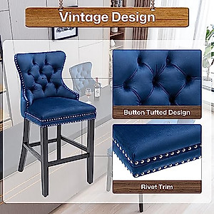 GOOLON Bar Stools Set of 2, Velvet 26 Inch Seat Height Counter Height Barstools Button Tufted Backrest, Rivet Trim Bar Chairs for Kitchen Island Mid-Century Metal Pull Ring Wood Frame Legs, Blue