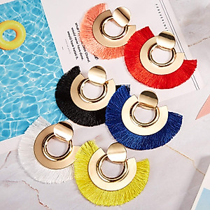 meekoo 6 Pairs Tassel Dangle Earrings Gold Hoop Fringe Earrings Bohemia Fan Shaped Earrings for Women Party and Daily Wear