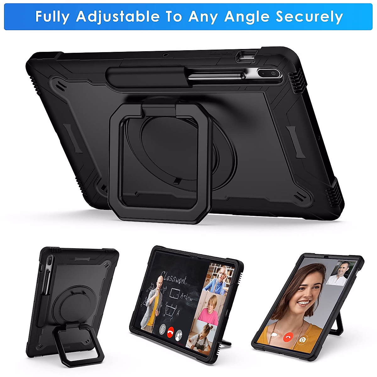 DETUOSI 360 Rotating Hybrid Case for Samsung Galaxy Tab S7 FE 5G/ S8+Plus/ S7+Plus 12.4" with S Pen Holder & Shoulder Strap, 360 Degree Swivel Kickstand Heavy Duty Hybrid Bumper Protective Kids Cover