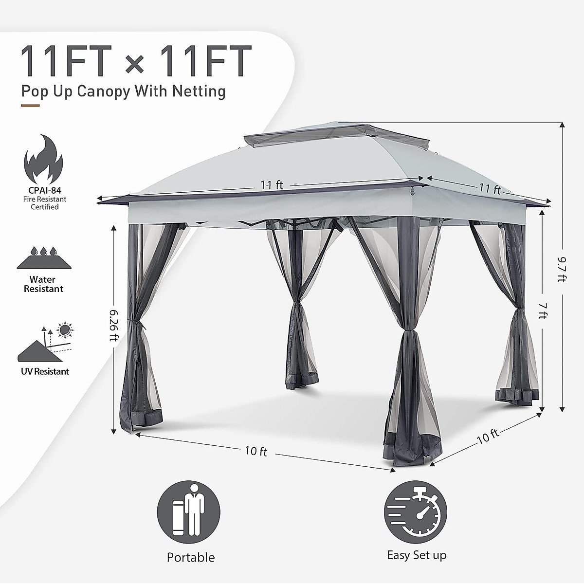 COOS BAY 11x11 Pop-Up Instant Gazebo Tent with Mosquito Netting Outdoor Canopy Shelter with 121 Square Feet of Shade (Gray)