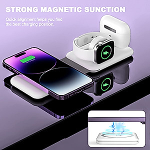 3 in 1 Wireless Charger, Foldable Magnetic Charging Station, Fast Travel Wireless Charging Pad for Multiple Apple Devices, Compatible with iPhone 15/14/13/12/Pro/Max/Plus/Mini, iWatch, Airpods (White)
