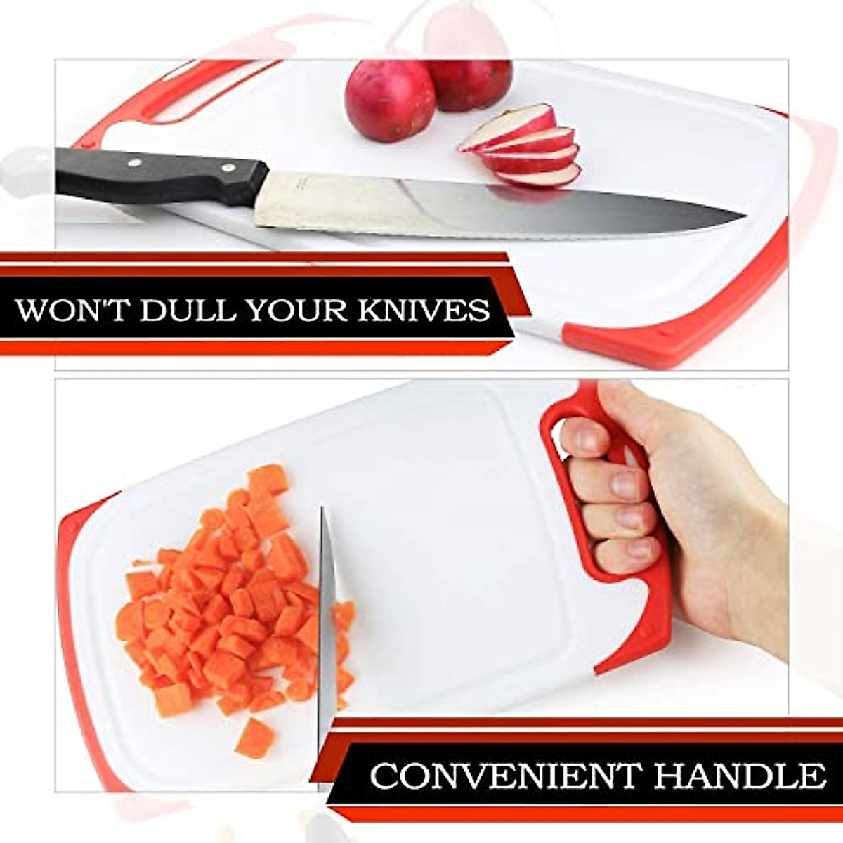 Cutting Boards for Kitchen, Plastic Chopping Board Set of 3 with Non-Slip Feet and Deep Drip Juice Groove, Easy Grip Handle, BPA Free, Non-porous, Dishwasher Safe