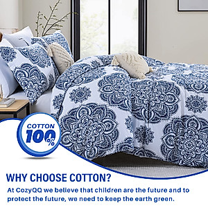 CozyQQ Cotton Duvet Cover King - 100% Cotton 400TC Winter Soft Royal Blue Floral Damask Paisley King Duvet Cover Set, 3 PCS King Duvet Cover with Zipper Closure (104x90, No Comforter)