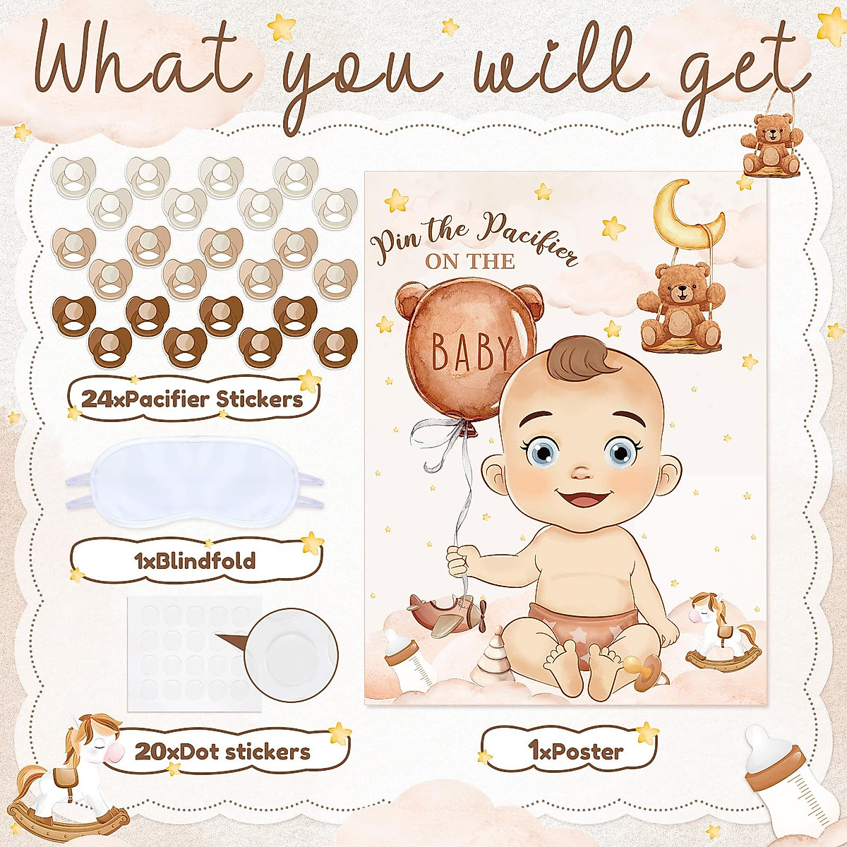 Faccito Pin The Pacifier Baby Shower Games Bear Baby Shower Decoration Include Brown Poster 24 Pacifier Stickers Blindfold Pin The Pacifier on Baby Game for Bear Baby Shower Birthday Party Supplies