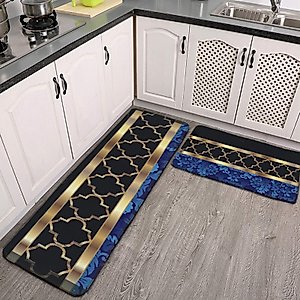 Becmd 2 Pieces Kitchen Rugs and Mat,Elegant Blue Black & Gold Quatrefoil Pattern Non-Slip Kitchen Floor Mat Soft Bath Rug Doormat Carpet Set Blue,gold onesize