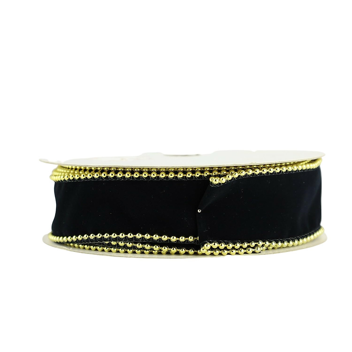 Ribbon Bazaar Wired Pearl Edge Velvet Ribbon - Black (Gold Pearls) 1-1/2" 10yd