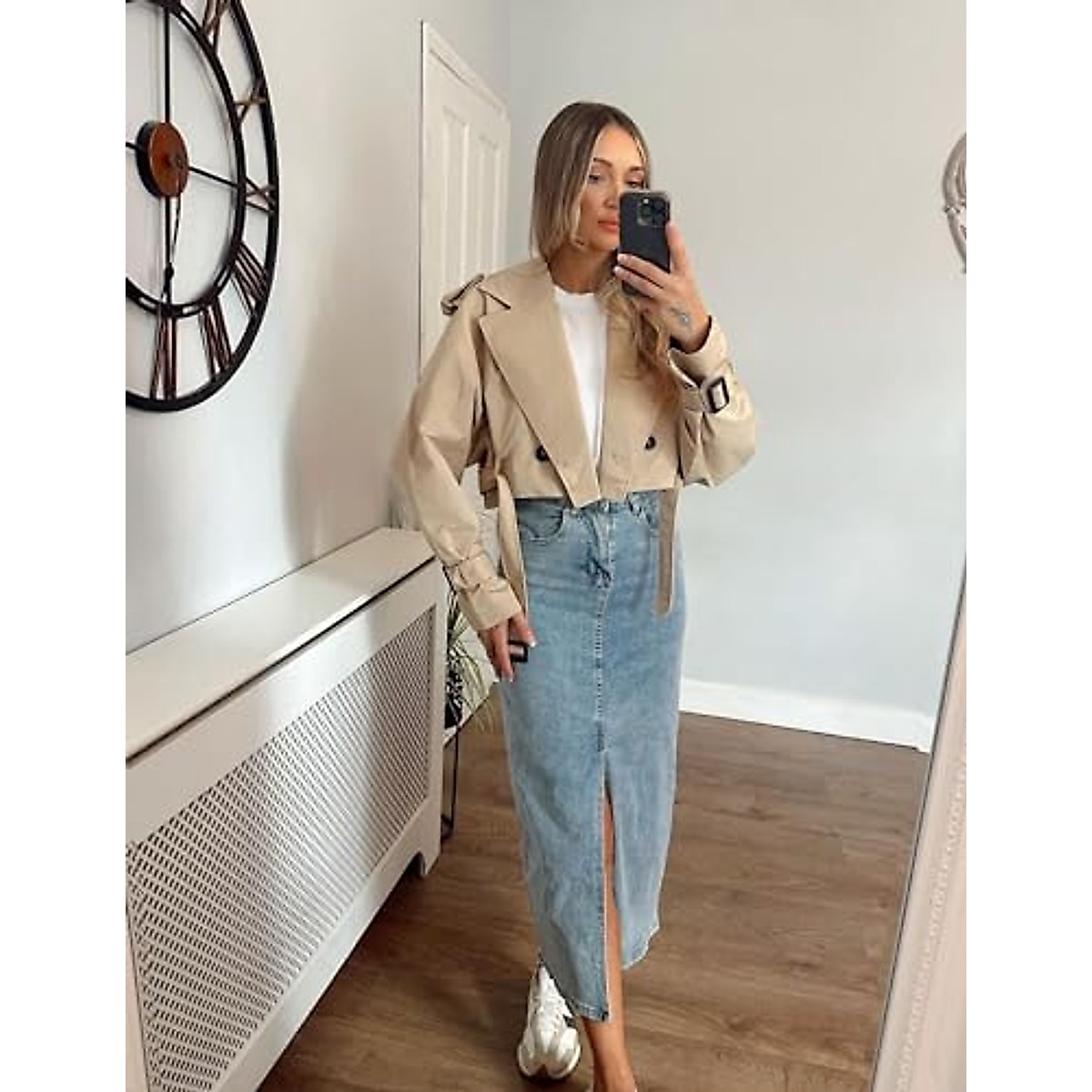 Bianstore Women's Cropped Trench Coat Fashion Long Sleeve Belted Jacket Outerwear(Khaki-XL)