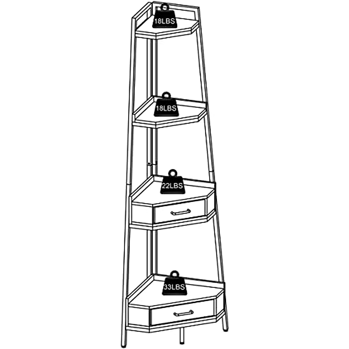 Scoomor Corner Shelf 4 Tier with Drawers, Modern Corner Bookshelf, Free Standing Storage Rack, Plant Stand for Living Room, Home Office, Kitchen, Small Spaces, 72.64’’ Tall (Gold)