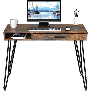 SHW Home Office Computer Hairpin Leg Desk with Drawer, Rustic Brown