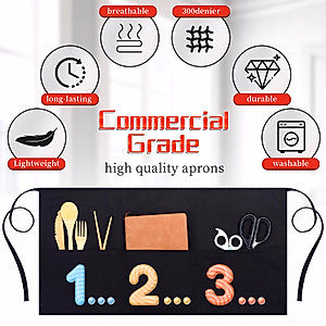 Black Waist Aprons 3 Pockets Waiter Waitress Server Short Aprons Water Oil Resistant Waist Aprons for Women Men (18 Pieces)