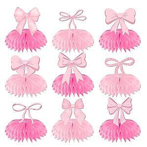 Pink Bow Party Decorations Honeycomb Centerpieces, 9Pcs Bow Coquette Birthday Decorations for Table, 3D Bow Birthday Decorations Coquette Baby Shower Decorations for Bow Birthday Baby Shower