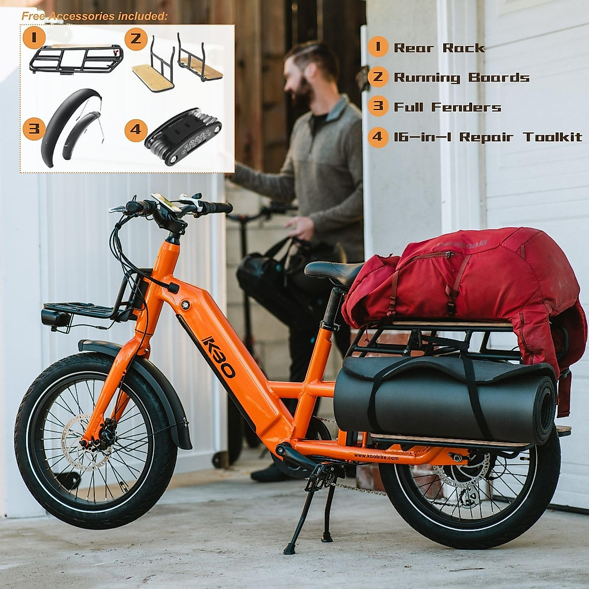 KBO Ranger Electric Bike 750W Cargo Ebike 48V 17.5Ah/840Wh Removable Battery 60Mi+ Range 400LBS Payload Capacity 20"x3" Fat Tire ebike 25mph 86Nm 7-Speed Cargo Bicycle 0-5 Level Pedal Assist