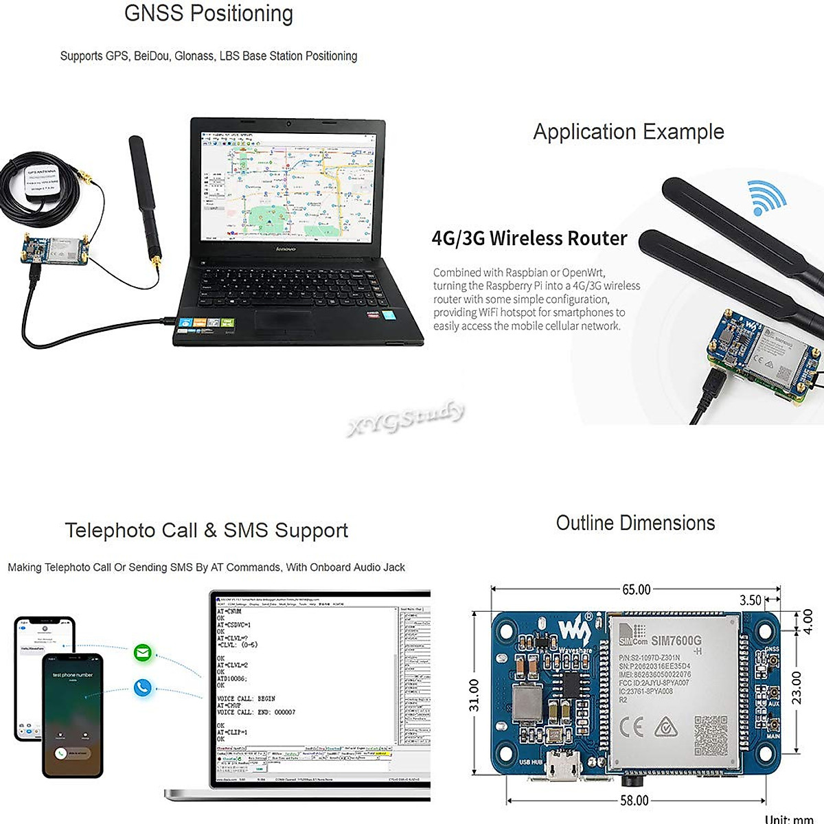 LTE Cat-4 4G / 3G / 2G GNSS Positioning Global Band HAT for Raspberry Pi Based on SIM7600G-H Wireless Communication Telephone Call SMS for Pi Zero/Zero W/PC @XYGStudy (SIM7600G-H 4G HAT (B))