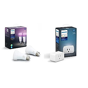 Philips Hue White and Color Ambiance 2-Pack A19 LED Smart Bulb, Compatible with Alexa & Google Assistant – A Certified for Humans Device & 552349 Smart Plug, 1 Count (Pack of 1), White