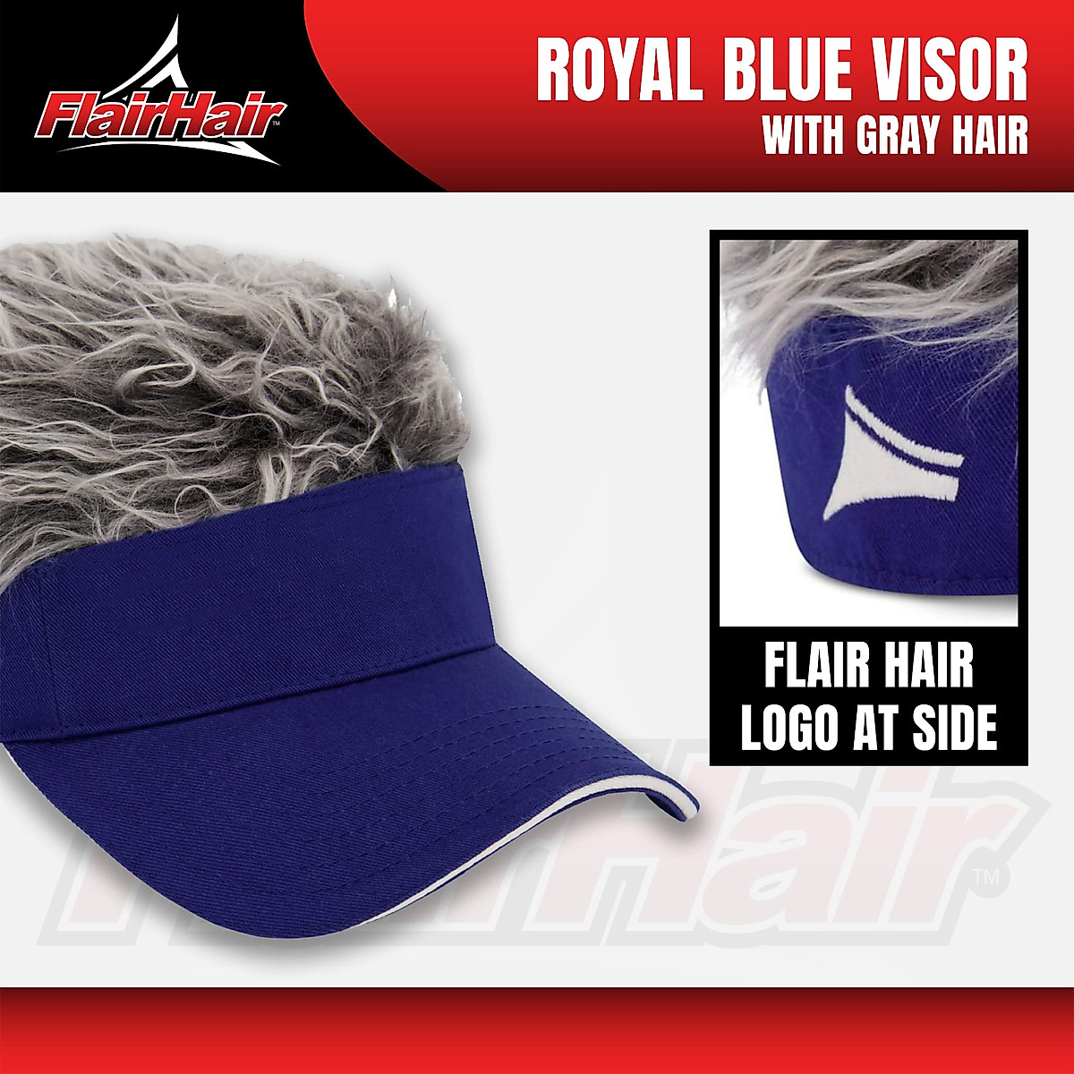 Flair Hair Sun Visor Cap with Fake Hair, Adjustable Baseball Hat, Royal Blue, One Size