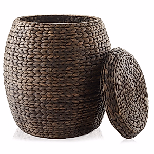 Casafield Round Storage Basket with Lid - Espresso, Handwoven Water Hyacinth Organizer for Laundry, Blankets, Plants, Bedroom, Living Room, Home Office