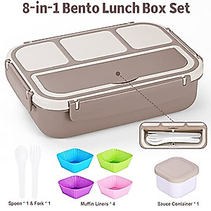 Bento Box Adult Lunch Box, Lunch Containers for Adults Men Women with 4 Compartments, Lunchable Food Container with Utensils, Sauce Jar, Muffin Liners, 40 Oz/5 Cup, Microwave & Dishwasher Safe, Brown