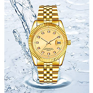 SENRUD Men's Fashion Classic Design Analog Quartz Watches Casual Business Stainless Steel Waterproof Date Wrist Watch Men (Gold)