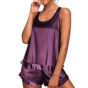 Ekouaer Silk Pajamas for Women Cute Pj Ruffled Sexy Nightwear Tank and Shorts Sleepwear Set Purple M