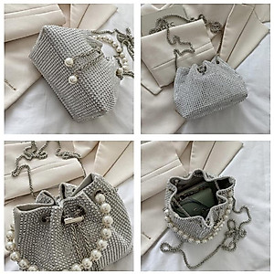 Mini Crossbody Shoulder Evening Bag Shinny Bling Clutch Purse Bucket Pearl Strap Handbag for Women (White)