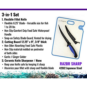 Pro 3-in-1 Set: 6.5” Fish Fillet/Boning Knife - 12” Non-slip Cutting Board - Ceramic Knife Sharpener