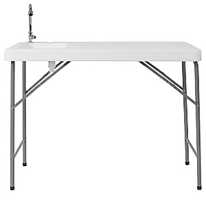 Flash Furniture Wesley 4' Portable Fish Cleaning Table with Sink, Outdoor Portable Folding Camping Sink Table with Faucet, and Hose Attachment, White