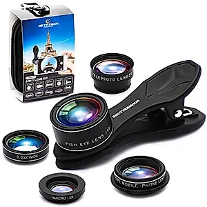 SHUTTERMOON Upgraded Phone Camera Lens Kit for iPhone 13/12/11/X/8/7 Smartphones/Pixel/Samsung/Android Phones Camera. 2xTele Lens Zoom Lens+Fisheye Lens+Super Wide Angle Lens&Macro Lens+CPL (5 in 1)
