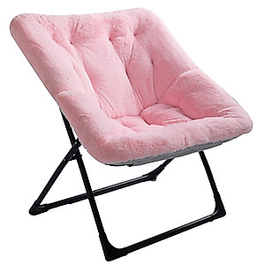 WELL-STRONG Folding Living Room Chair, Faux Fur Foldable Bedroom Chair, Oversized Saucer Chair, Comfy Chair with Metal Frame, Cozy Furry Padded Chair for Home, Bedroom, Living Room Pink