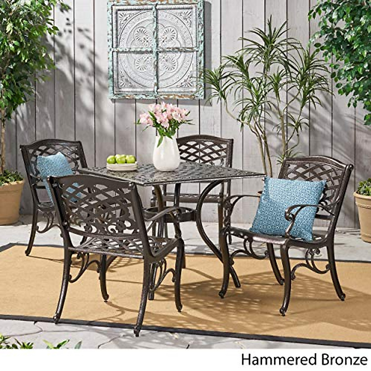Christopher Knight Home Hallandale Outdoor Sarasota Cast Aluminum Square Dining Set, 5-Pcs Set, Hammered Bronze