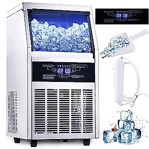 Zomagas Commercial Ice Maker Machine, 80-90LBS/24H Under Counter Ice Maker, Stainless Steel Freestanding Ice Machine with 28LBS Bin, Self-Cleaning, Scoop, Ideal for Home Bar Offices