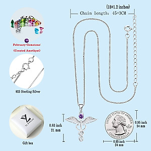 YL Caduceus Necklace 925 Sterling Silver Doctor Nurse Themed Pendant Created Amethyst/Cubic Zirconia Angel Wings Snake Jewelry for Women