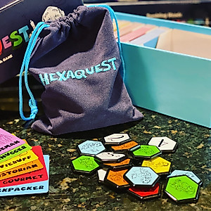 Hexaquest: Strategic Trivia Board Game - 1500 Questions, 6 Categories, 65 Hexagon Tiles, Luxury Bag - Quick to Learn