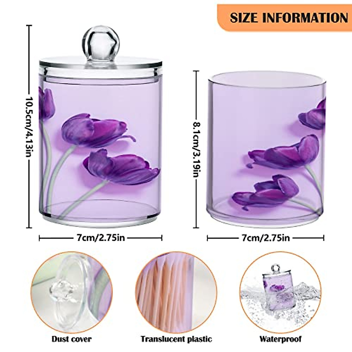 Kigai 2PCS Purple Tulips Qtip Holder Dispenser with Lids - 14 oz Bathroom Storage Organizer Set, Clear Apothecary Jars Food Storage Containers, for Tea, Coffee, Cotton Ball, Floss