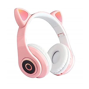 Docooler Cat Ear Headphones, Gaming Headphone with Microphone, Stereo Hi-Fi Soun, Foldable Comfortable, Adjustable Wireless/Wire Over Ear Headset for Girls, Teenagers, Adults, Gaming - Pink