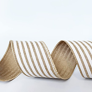 Leecogo Burlap Ribbon Wired,2 1/2”x10 Yard,White Stripe Rustic Ribbon for Easter, Christmas, Wreath, Spring, Summer, Wedding, Baby Shower, Birthday