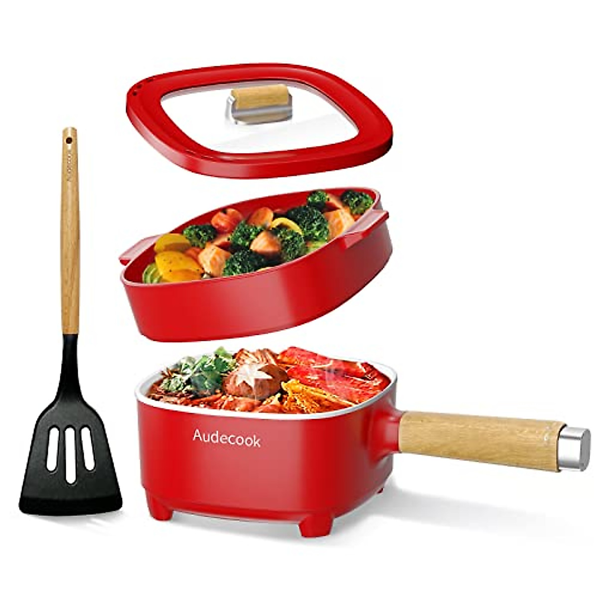 Audecook Hot Pot Electric 2L, Cermic Glaze Non-Stick Frying Pan 8 Inch, Portable Travel Cooker for Ramen/Steak/Fried Rice/Oatmeal/Soup, with Dual Power Control (Silicone Spatula Included)