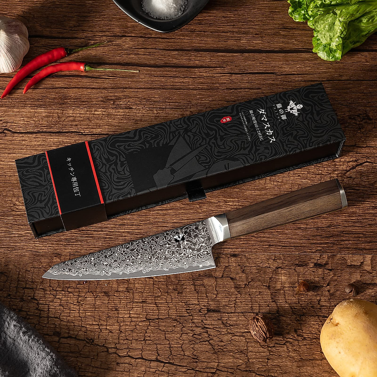 FUJUNI Steak Knives Set of 4 with In-Drawer Knife Block, 5 inch Damascus Steak Knife Set VG-10 Damascus Super Steel 67-Layer Non Serrated Steak Knives with Natural Wood Handle, Gift Box