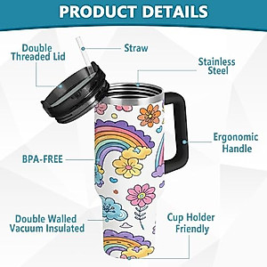 FRCSDIY Rainbow Flowers Insulated Tumbler with Handle and Straw Lid,40oz Leakproof Stainless Steel Cup BPA-Free Water Bottle