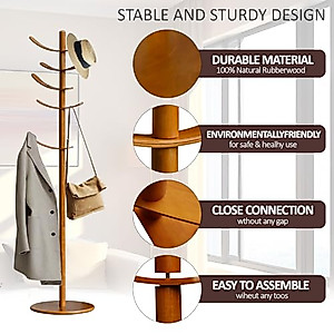 Pieryakers Wooden Coat Rack,Wood Coat Rack Stand with 5 Hooks,Freestanding Coat Rack Coat Tree, Easy to Assemble, For Entryway, Bedroom, Office,Coat, Bag (Walnut)