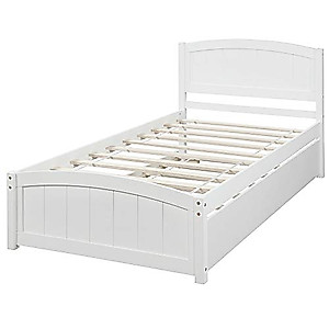 Rockjame Twin Platform Bed with Trundle, Minimalistic Stylish Wood Bed Frame, Easy to Install (White)
