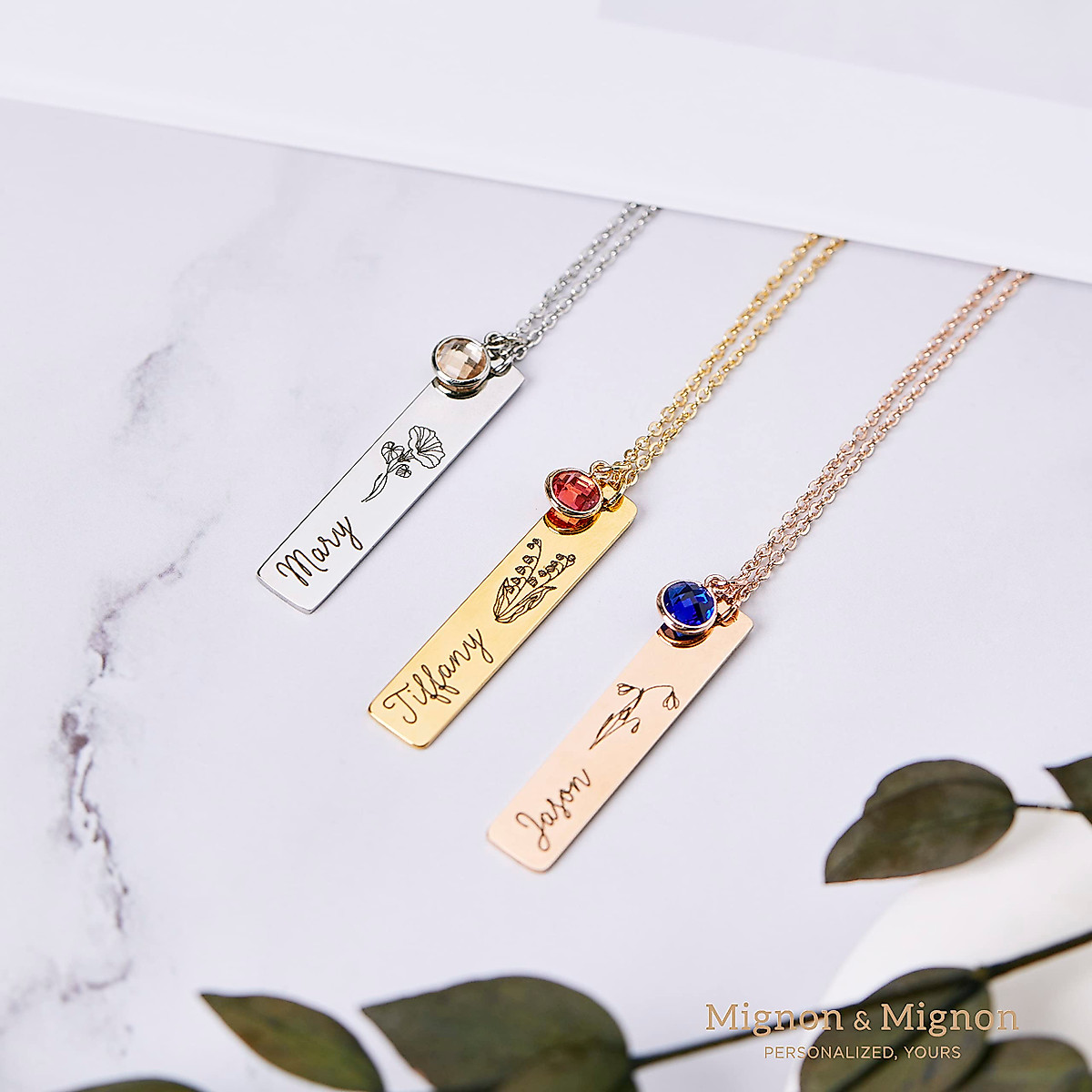 MignonandMignon Flower Birthstone Gold Name Graduation Necklace 2021 Personalized Gift for Her Bar Necklace Mothers Day Gift Floral Jewelry Personalized Jewelry - 8N-FLBS-G