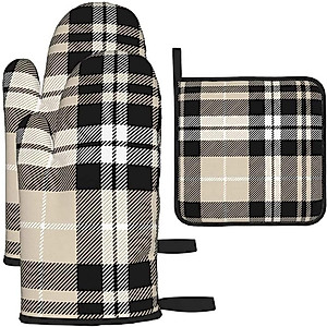 JKKL Fall Plaid Tan Black White Pattern，3pcs Oven Mitts and Pot Holders for Kitchen,Cooking,Baking,Grilling,BBQ
