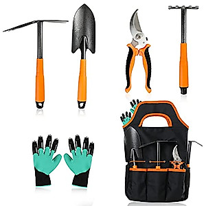 HEMOPLT Gardening Tools, 6-Piece Heavy Duty Garden Tool Set, Rust-Proof Gardening Hand Tools with Durable Organizer Handbag, Outdoor Hand Tools, Ideal Garden Tool Kit Gifts for Women and Men