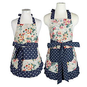 NEOVIVA Kitchen Aprons with Pockets for Mother and Daughter, Double-layered Bib Aprons for Cooking, Baking, BBQ and Gardening, Style Kathy, Floral Quarry Bloom