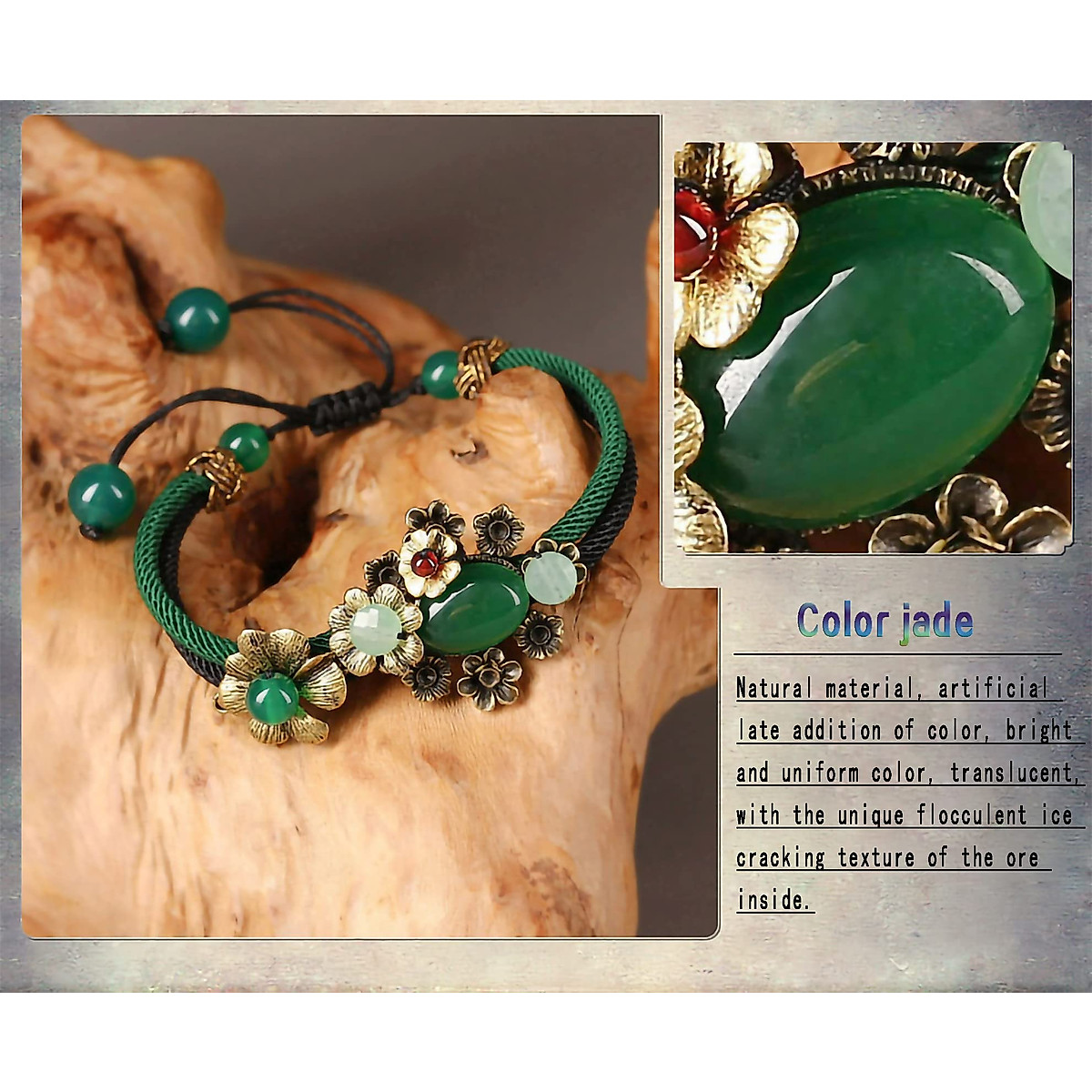 Xgimas Vintage Prosperity Flowers Jade Beaded Bracelet, Adjustable Rope Lucky Beads Wrap Charm Bracelet for Women Lovers Gift