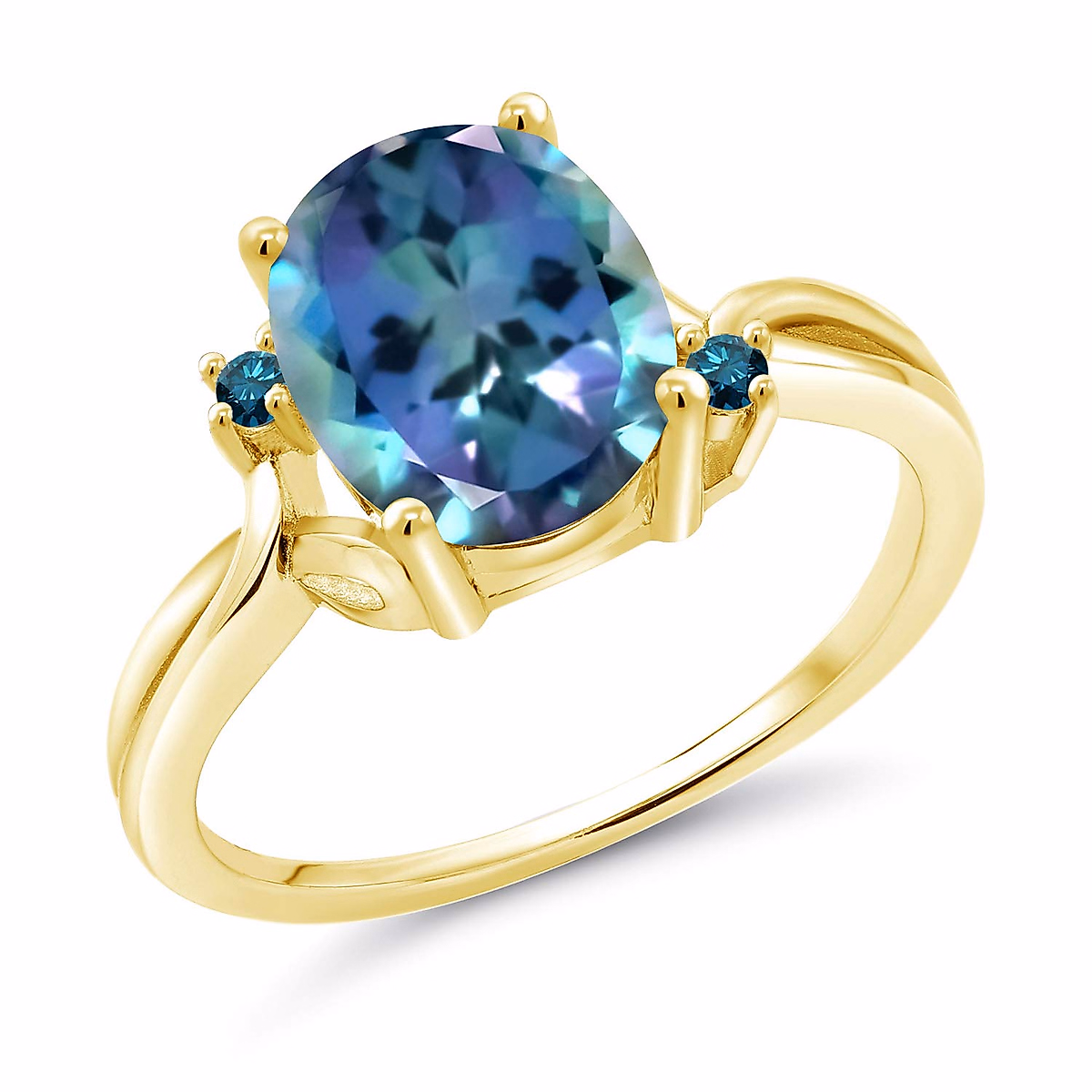 Gem Stone King 18K Yellow Gold Plated Silver Millennium Blue Mystic Topaz and Blue Diamond 3 Stone Ring For Women (3.03 Cttw, Oval 10X8MM, Gemstone Birthstone, Available In Size 5, 6, 7, 8, 9)