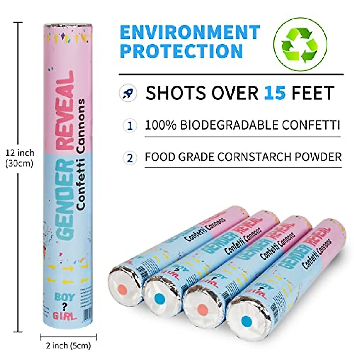 PFXNJDEQ Gender Reveal Confetti Powder Cannon, 4 Pink, 12 Inch, 100% Biodegradable Powder and Confetti, Gender Reveal Decorations, Gender Reveal Party Game Ideas, Gender Reveal Party Supplies (Pink)