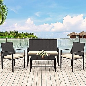 Bigzzia Patio Furniture Set, 4 Pcs Outdoor Conversation Furniture, Includes 2 Rattan Chairs and 1 Loveseat, 1 Tempered Glass Table, with Extra Cushions, Garden Furniture Set for Small Spaces