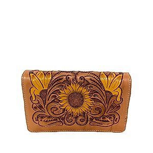 American Darling Womens Tooled Leather Sunflower Crossbody Clutch Purse, Brown