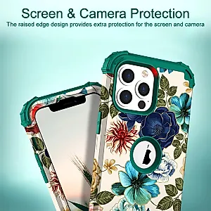Hocase for iPhone 13 Pro Max Case, Heavy Duty Shockproof Protection Soft Silicone Rubber Bumper+Hard Plastic Hybrid Protective Case for iPhone 13 Pro Max (6.7") 2021 - Teal Flowers